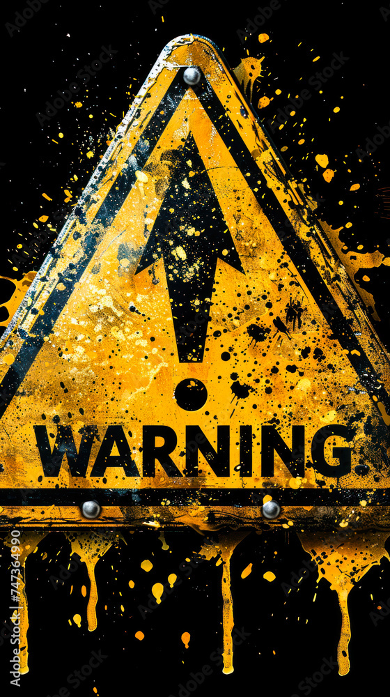 Grunge-style warning sign with a triangular border, exclamation mark ...