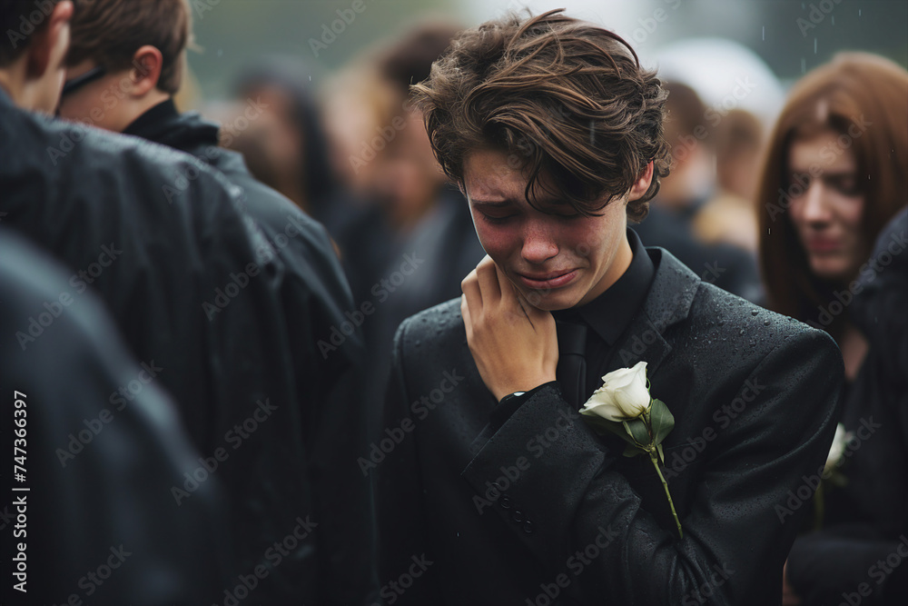 Generative ai picture of crying sad boy in a black suit on funeral ...