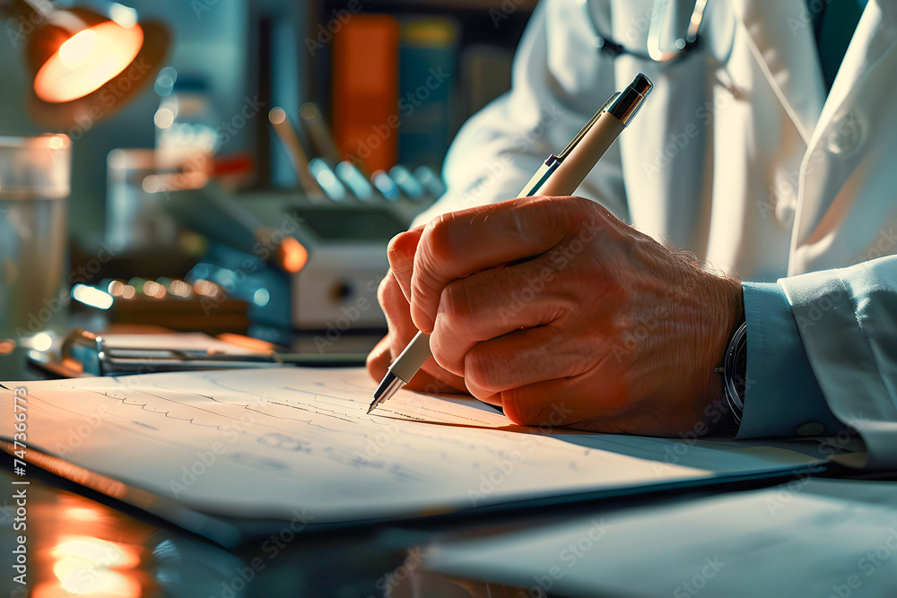 Doctor Reviewing Medical Chart in Office, A close-up of a doctor's ...