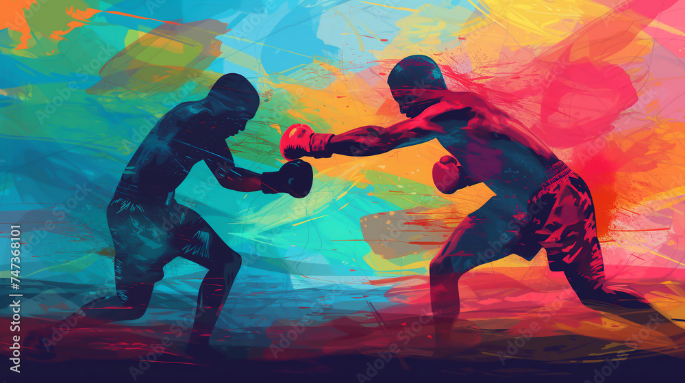 Abstract illustration of a male boxers wearing boxing gloves exercising ...