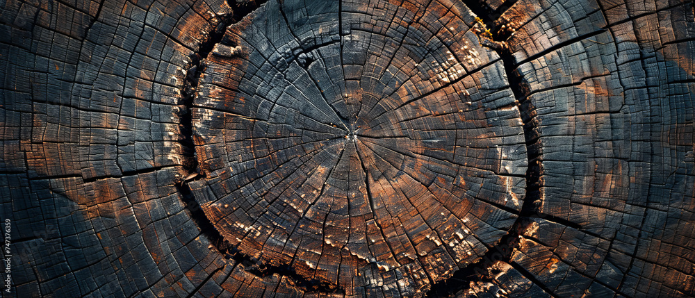This image highlights the complex rings and fissures on an old tree ...