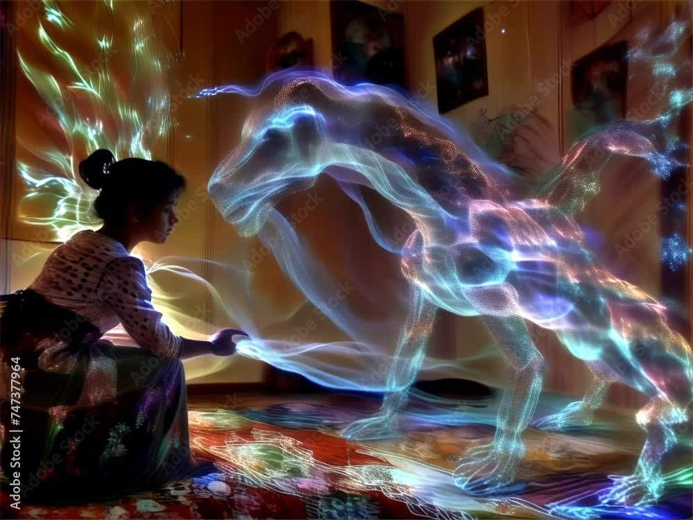 Girl-Interacting-with-Astral-Wolf-Projection-in-Room,A young girl ...