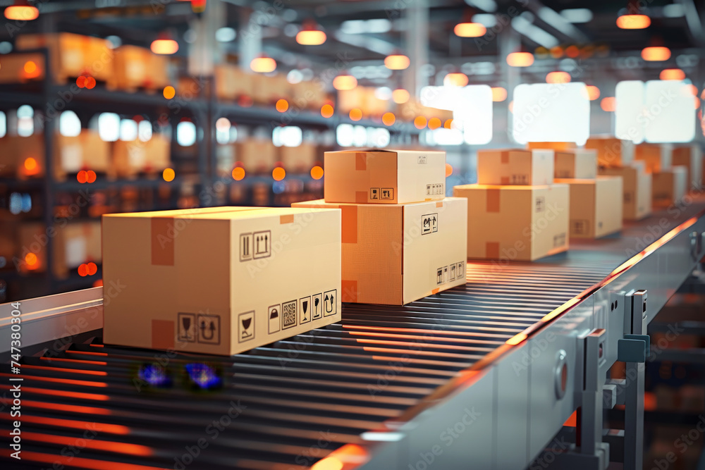 Automated production. Boxes are moving along conveyor. Conveyor in ...