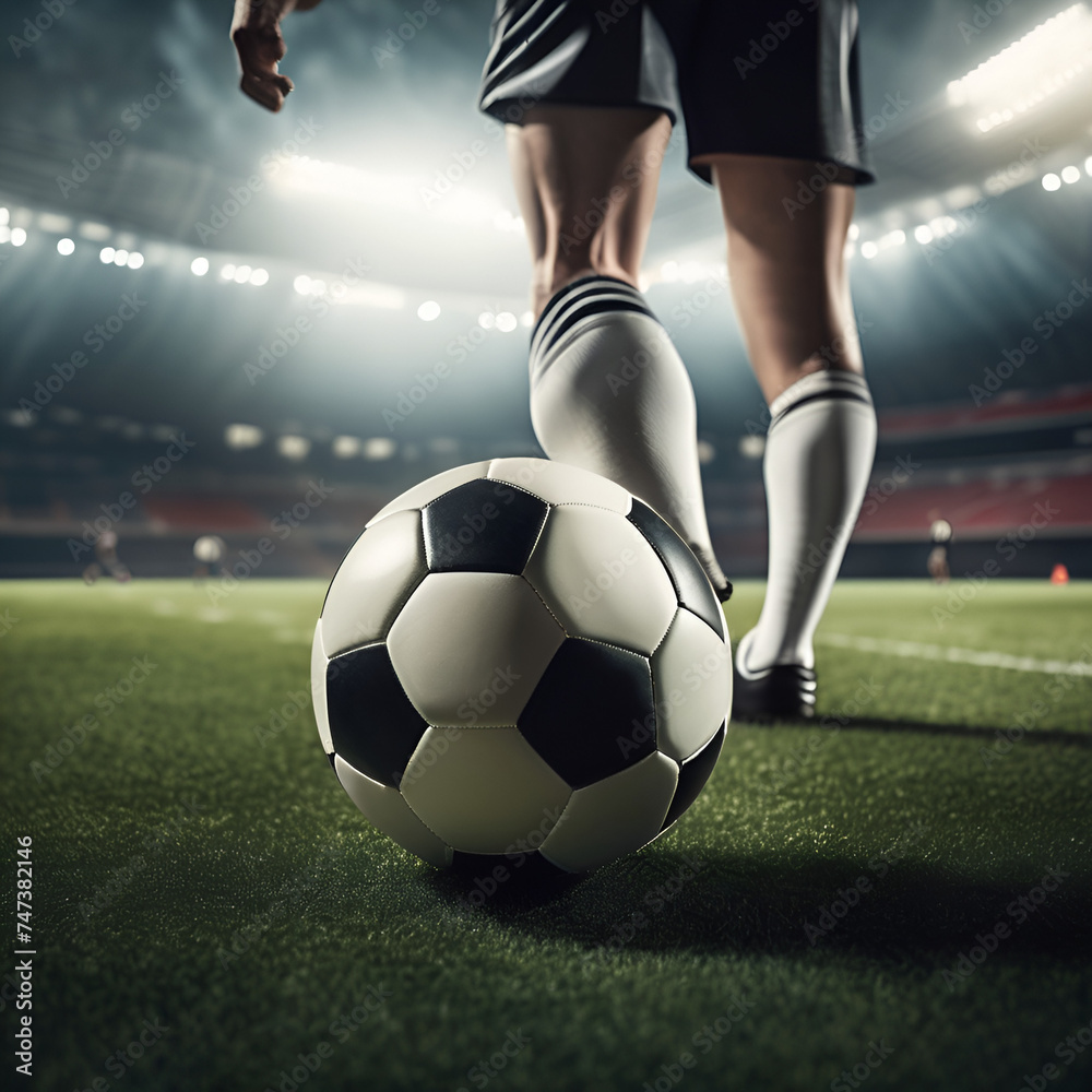 Soccer ball in action with football player feet during a sports ...