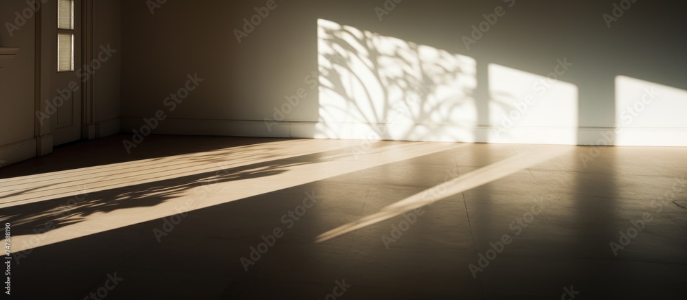 The sun shines through the windows, casting long shadows on the empty ...