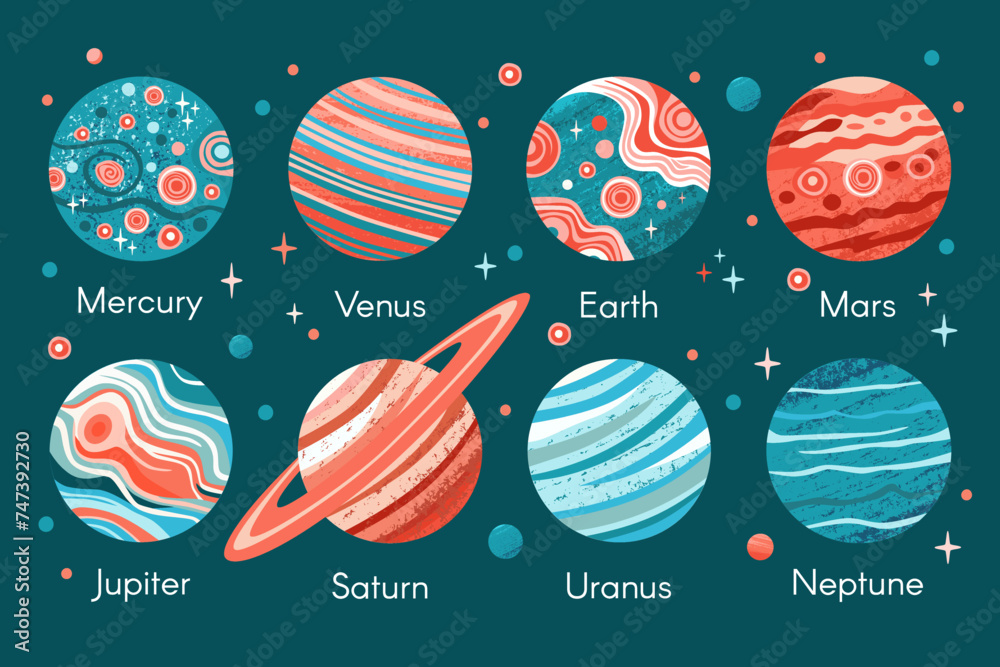 Eight planets of solar system in abstract style of red and blue color ...