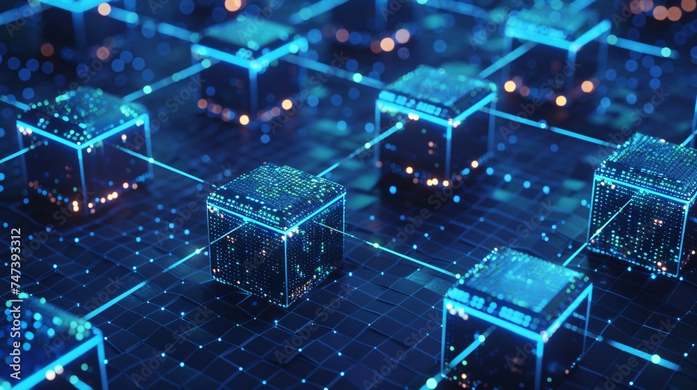 Blockchain network illustrated with glowing blue blocks connected by ...