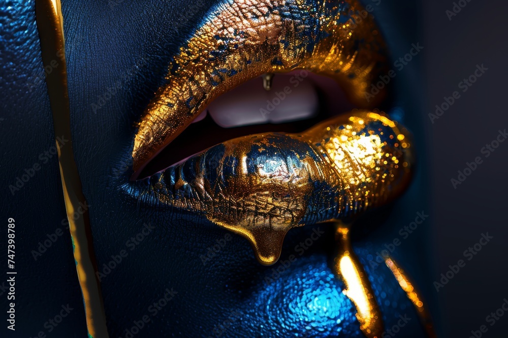 Gold Paint Drips From Lips, Lipgloss Dripping, Golden Liquid Drops on ...