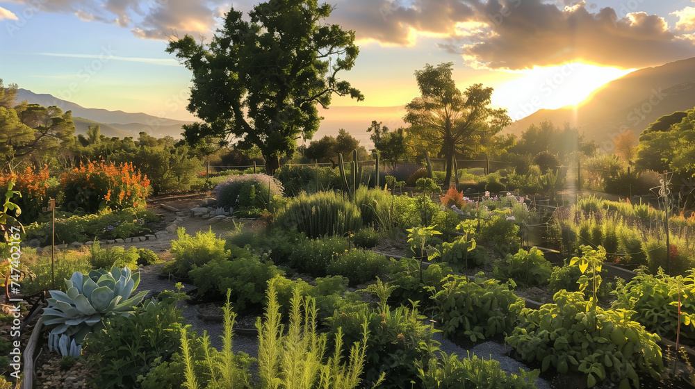 Aerial view of a thriving permaculture garden, diverse plant species ...