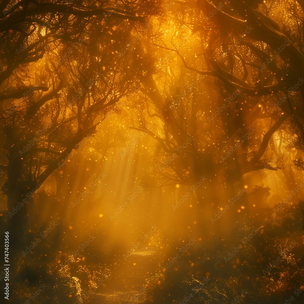 Envision a majestic forest bathed in the golden light of dawn, as World ...