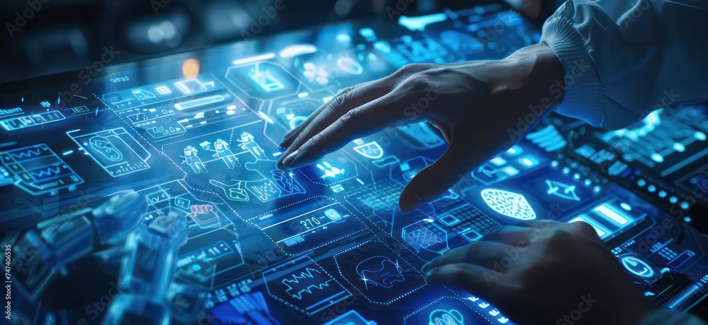 a doctor touching a blue touch screen displaying various icons related ...