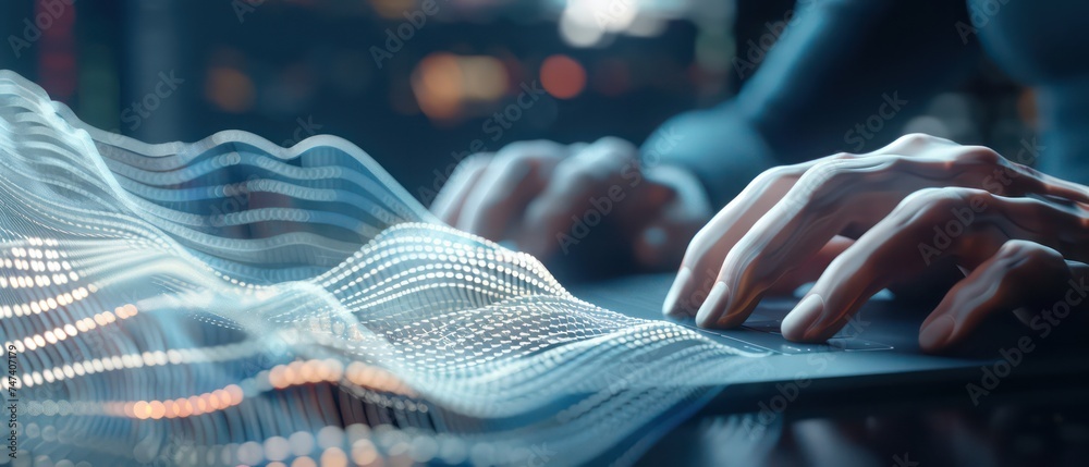 a person uses a laptop with wavy lines on it while looking at a screen ...