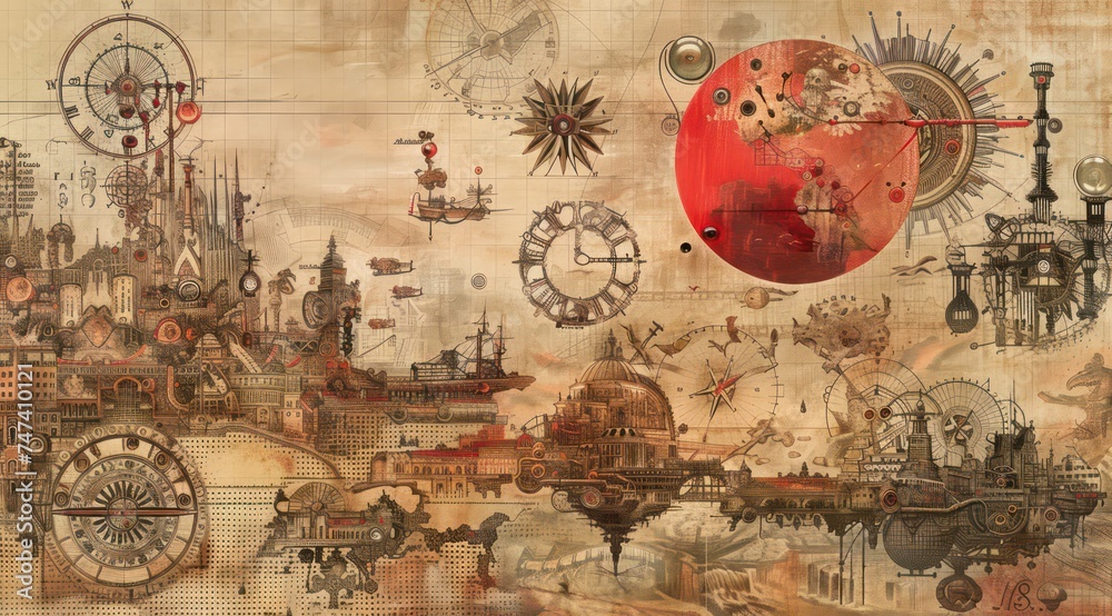 world map in the style of steampunk, playfully intricate, light brown ...