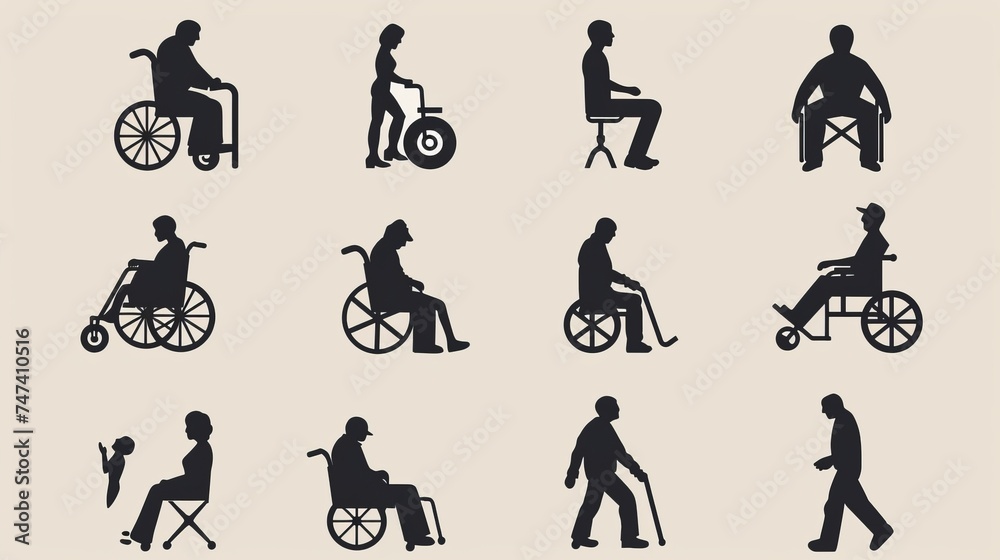 Set of vector disabled signs.Handicapped man sitting in a wheelchair ...