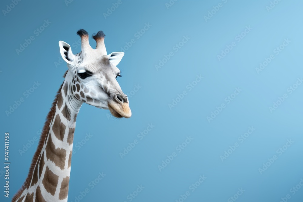 A tall giraffe stands out against a solid blue background. The giraffes ...