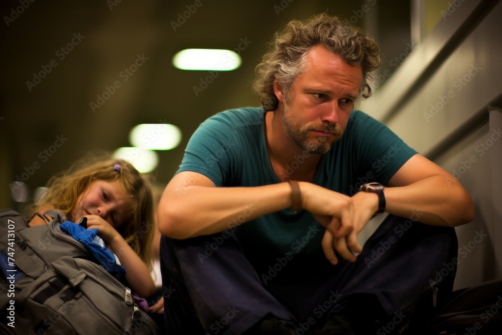 Father and Daughter Sit on the Airport Terminal Floor, Family Bonding ...