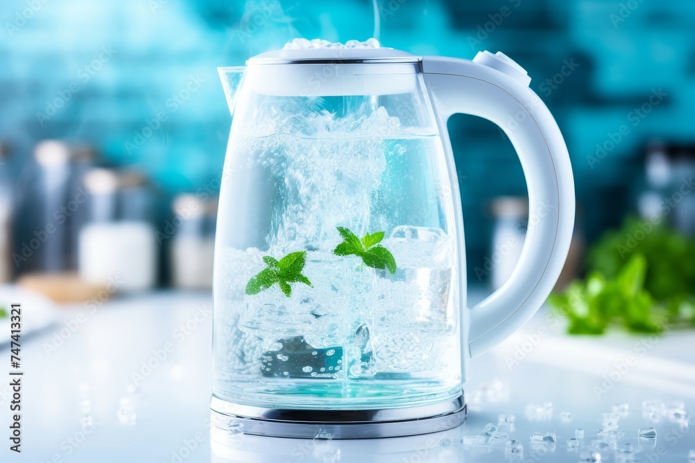 Electric kettle with boiling water and mint leaves. Clear glass kettle ...