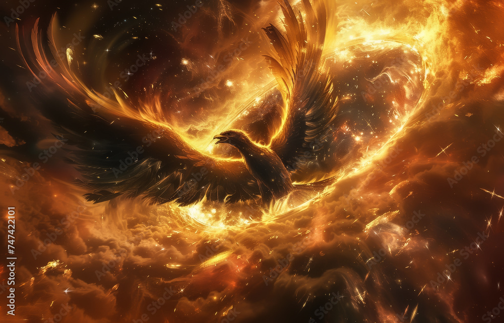 Voidborn phoenix rising from a black hole feathers adorned with ...