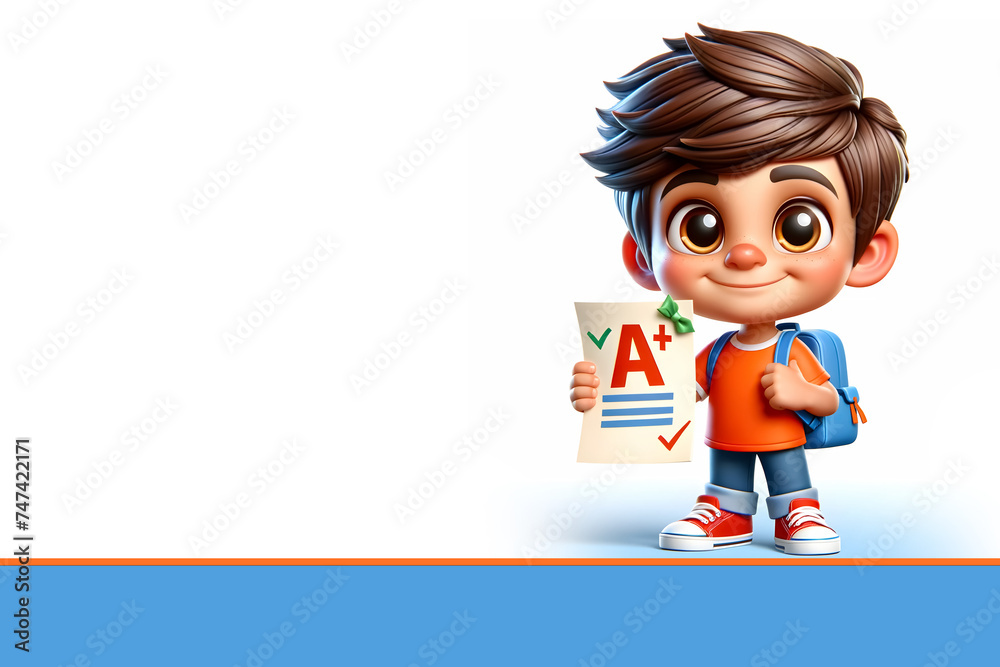 Boy cartoon achieving A plus grade in final exam, Kid student holding A plus grade report card ...