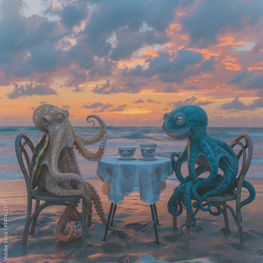 Two octopi characters engrossed in an intimate dinner conversation at a ...