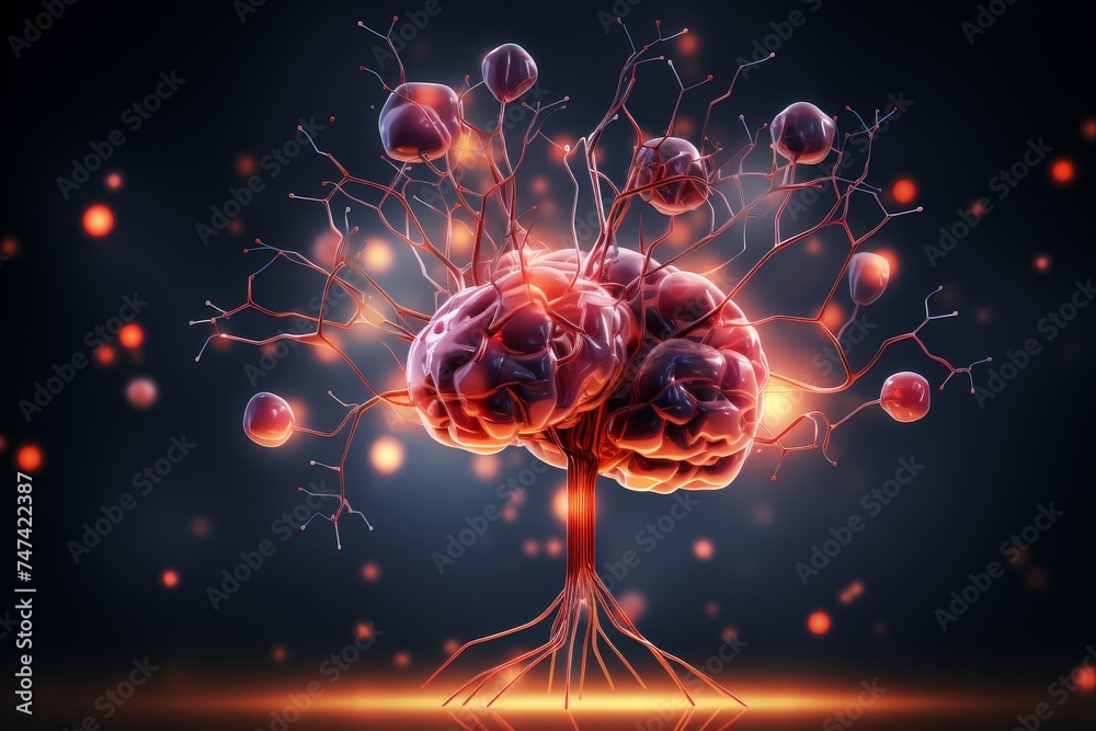 Generative AI illustration of model of human brain tree with glowing ...