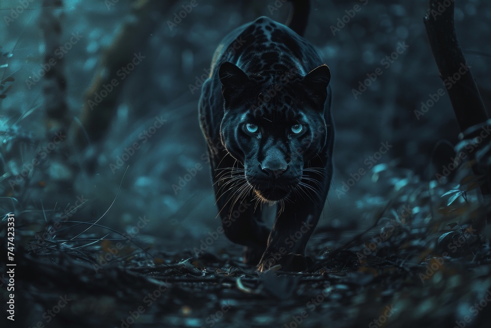 Mysterious black panther stalking its prey at in the jungle at night ...