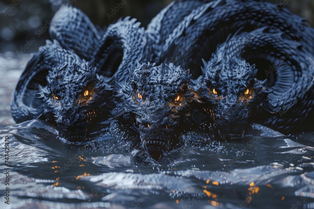 Arcane hydra multiple heads wreathed in mystical energy emerging from ...