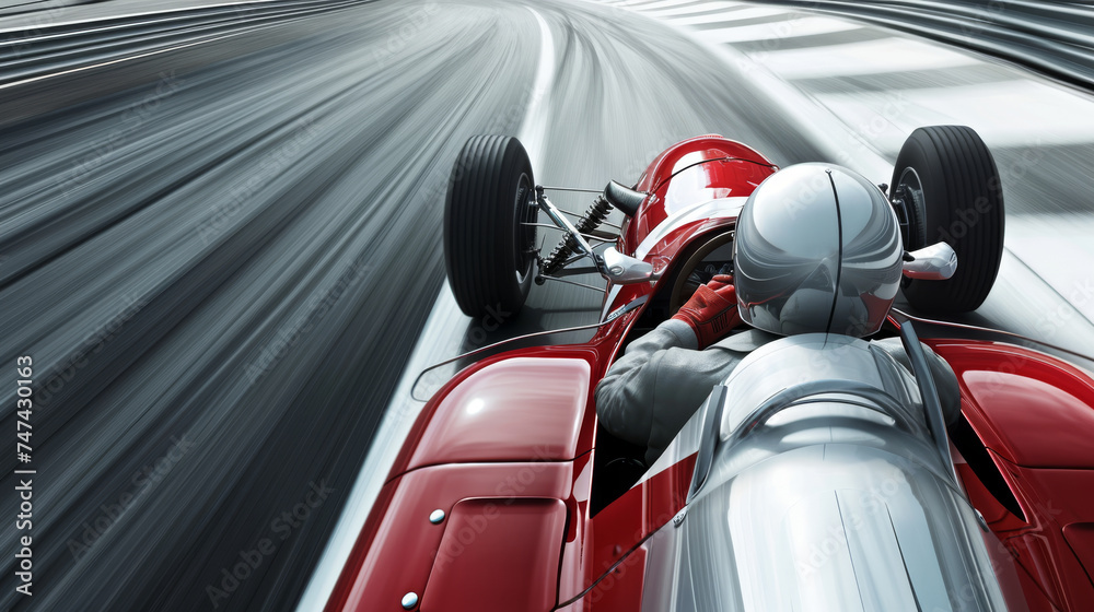 A racer speeds through the track in a vintage sports car, its sleek ...