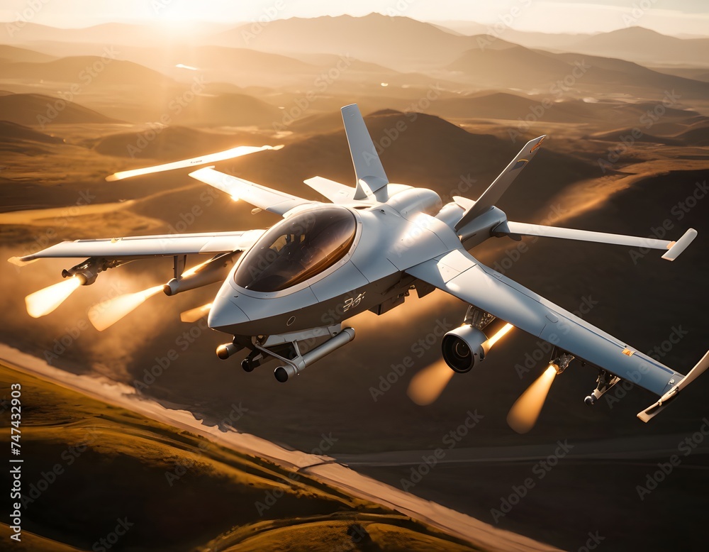 An advanced combat drone soars through the sky at sunset, its sleek ...