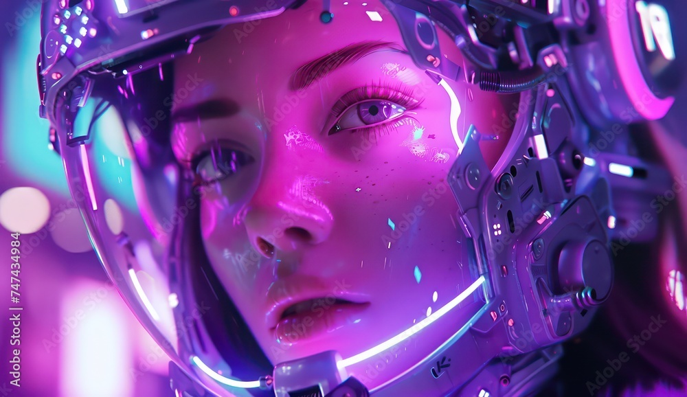 futuristic girl in space with an electronic body and futuristic robot ...