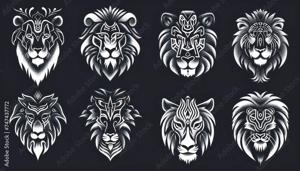 tribal lions head collection vector, in the style of dark white and ...