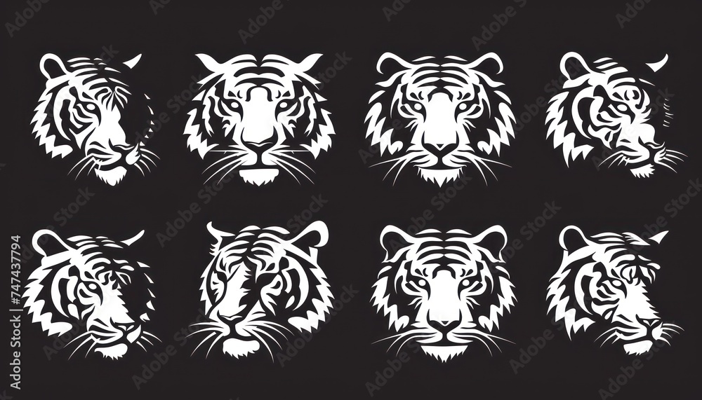 tribal tiger head collection vector, in the style of dark white and ...