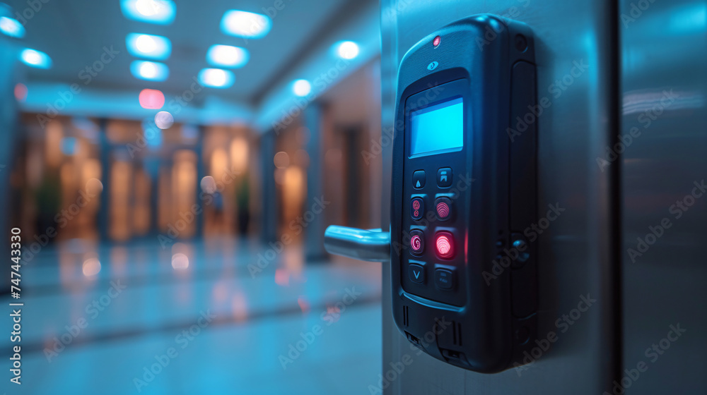 Finger print scan access control system machine on wall near entrance ...