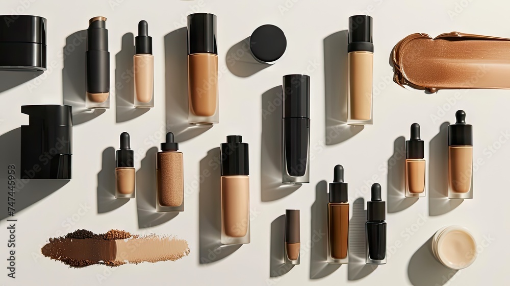 Makeup diversity: Collage with bottles and tubes of skin foundation on ...