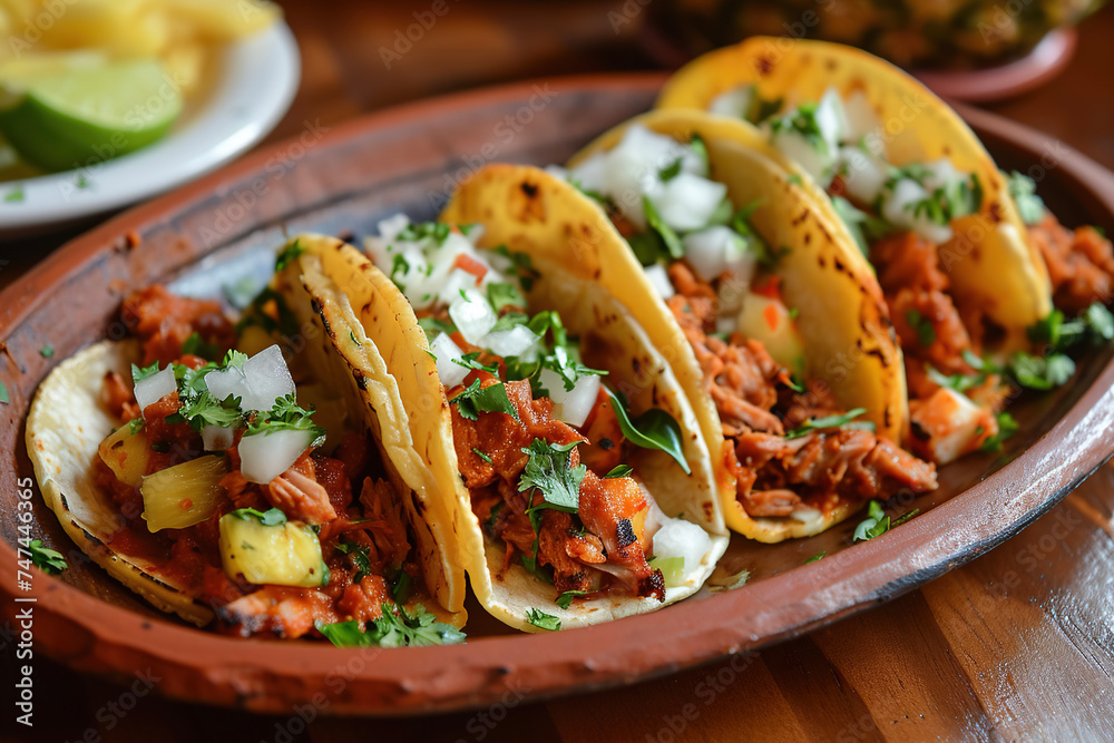 A plate of tacos al pastor, a traditional Mexican dish made with spit ...