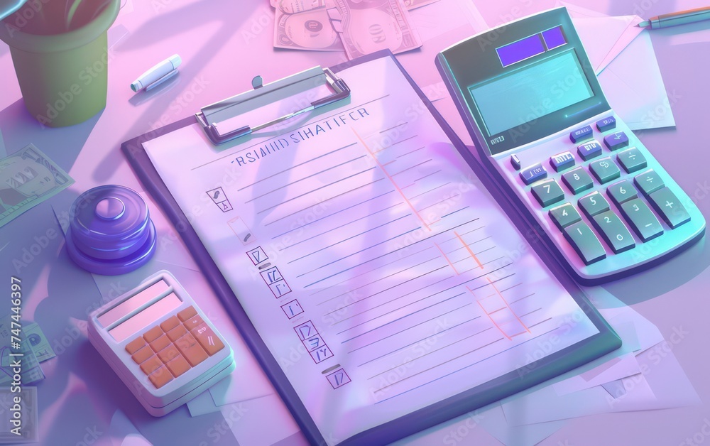 clipboard check list and calculator are set aside a clipboard, money ...