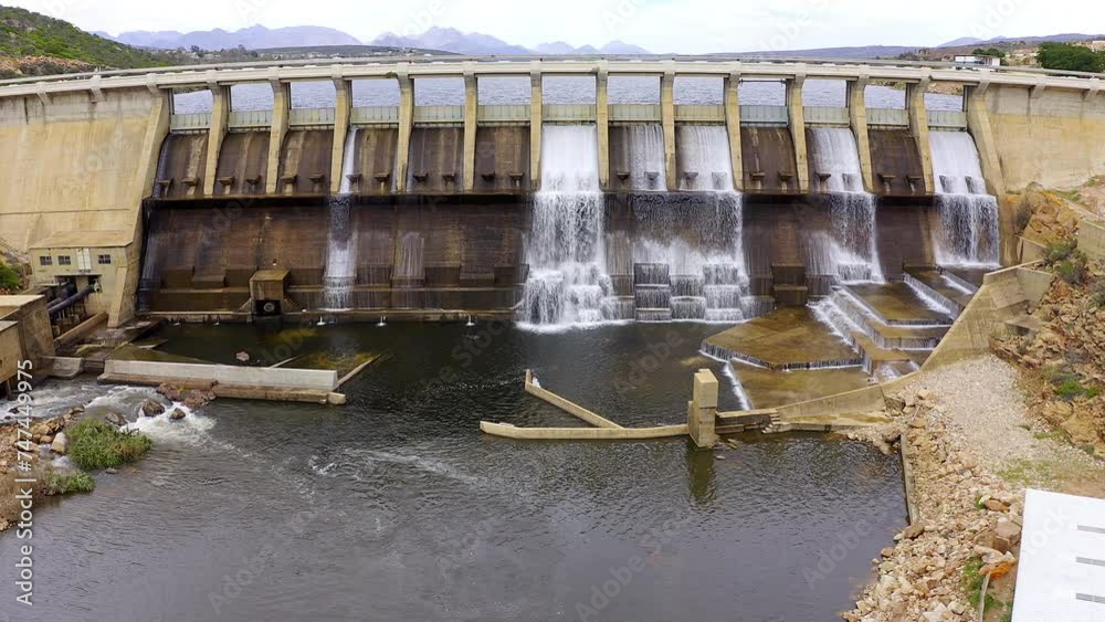 Drone, dam and infrastructure, water in landscape and nature ...