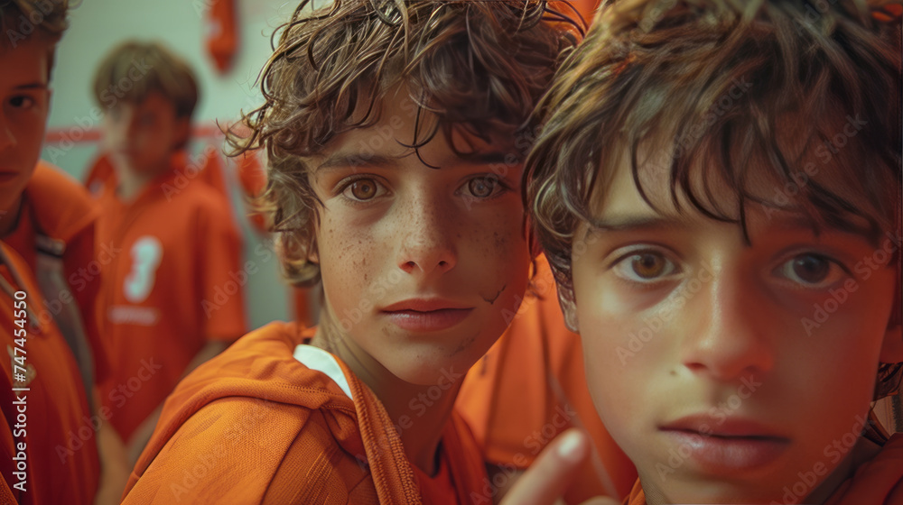 13-year-old boys in a football locker room, teasing a sad friend with a ...