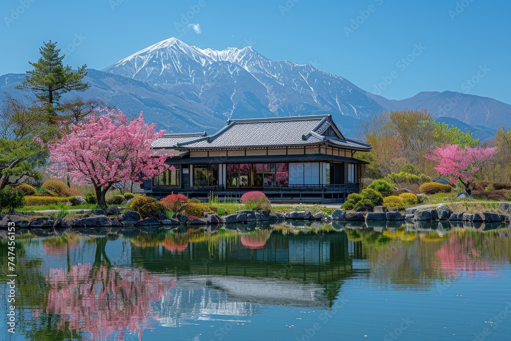 Cherry blossoms over serene lakes in Japanese gardens, traditional tea ...