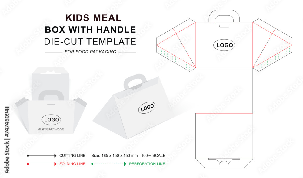 Gable meal box die cut template. Triangular 3D blank vector mockup ...