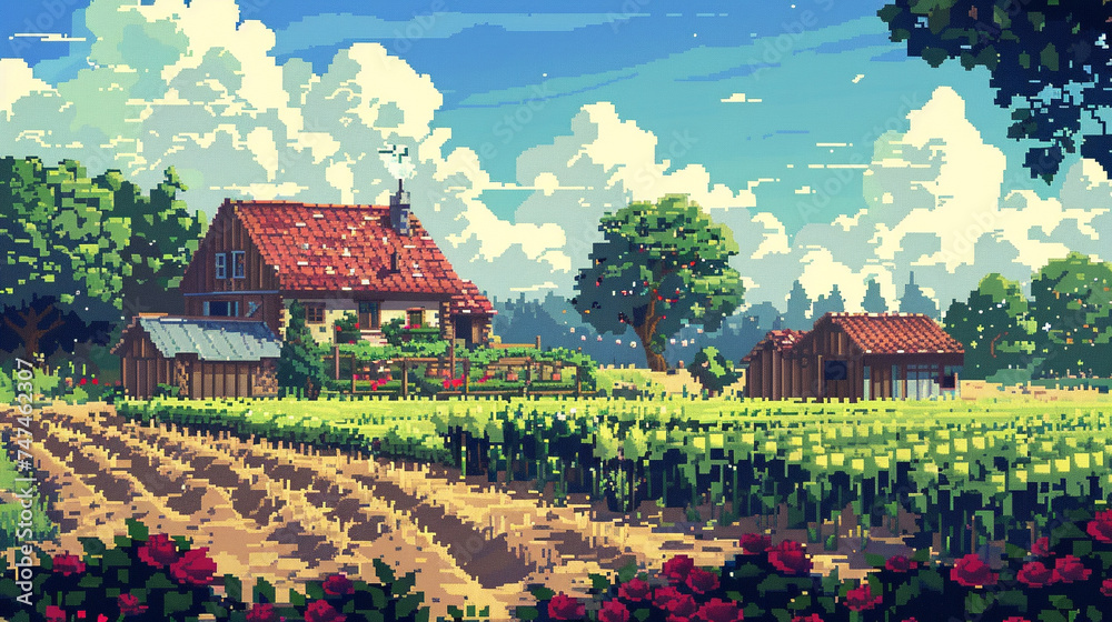 8-bit pixel art countryside farm depicting a peaceful farm scene with ...