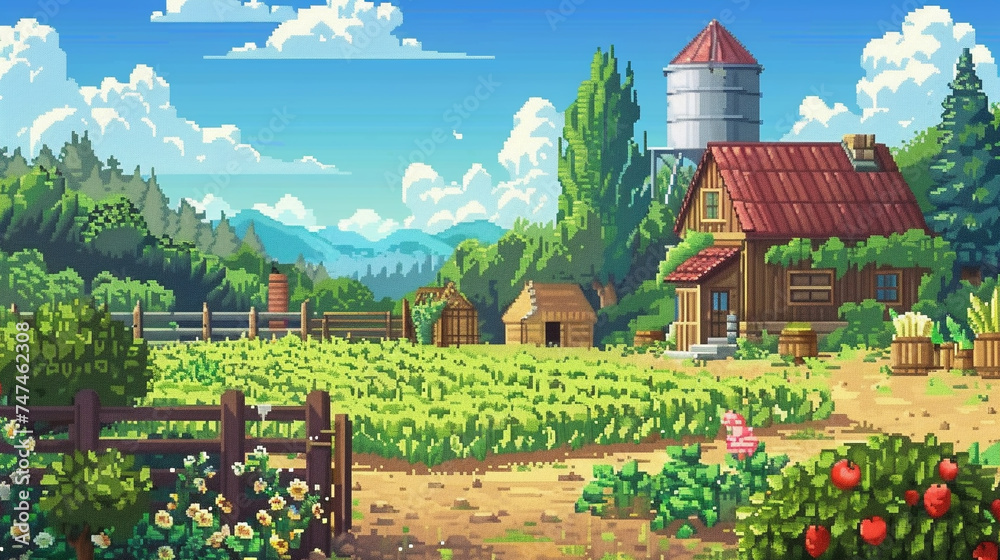 8-bit pixel art countryside farm depicting a peaceful farm scene with ...