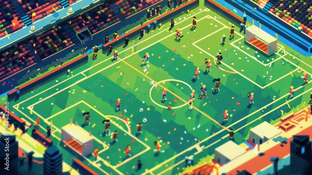 Dynamic 8-bit pixel art of a soccer match taking place in a brightly ...