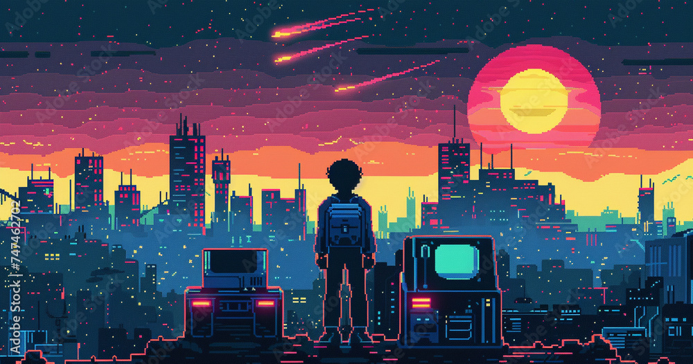 Nostalgic 80s arcade video games in pixel art minimal surrounded by ...