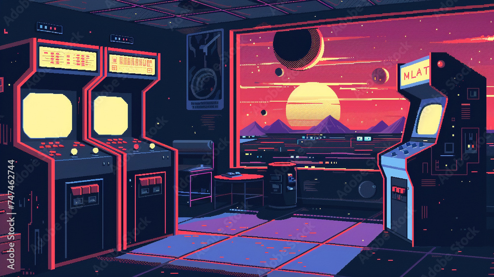 Nostalgic 80s arcade video games in pixel art minimal surrounded by ...