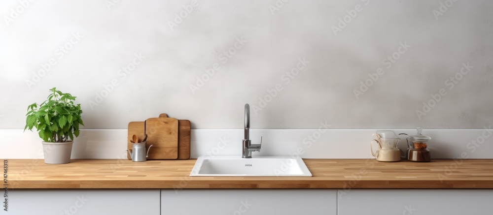 A modern kitchen counter featuring a built-in sink and a wooden cutting ...