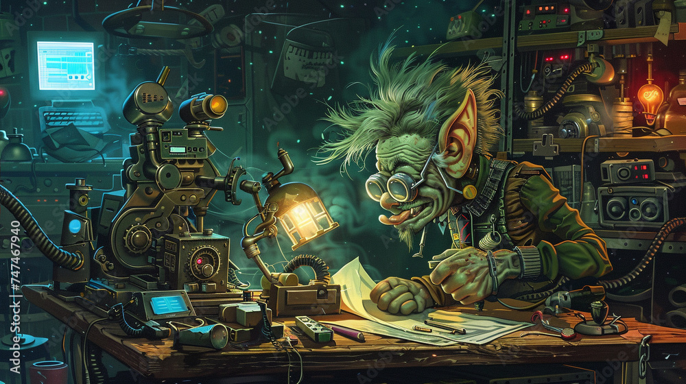 A cartoon illustration showcasing a goblin inventor in his cluttered ...