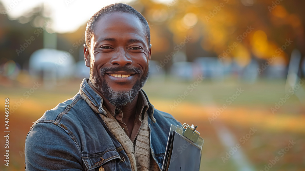 Radiant African American scouting coach, tall, muscular, smiling, age ...