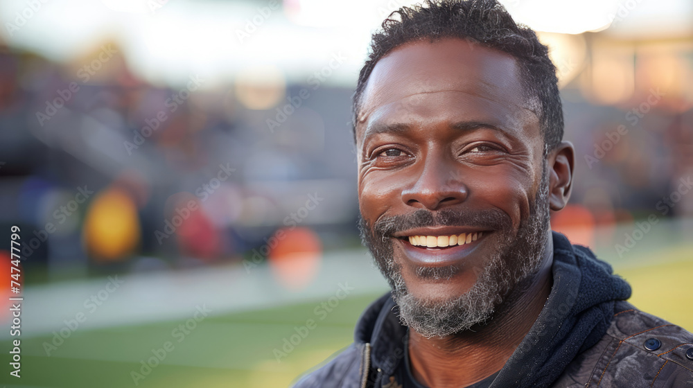 Radiant African American scouting coach, tall, muscular, smiling, age ...