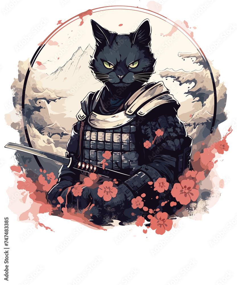Japanese samurai cat in cute kawaii anime style with ninja sword and ...